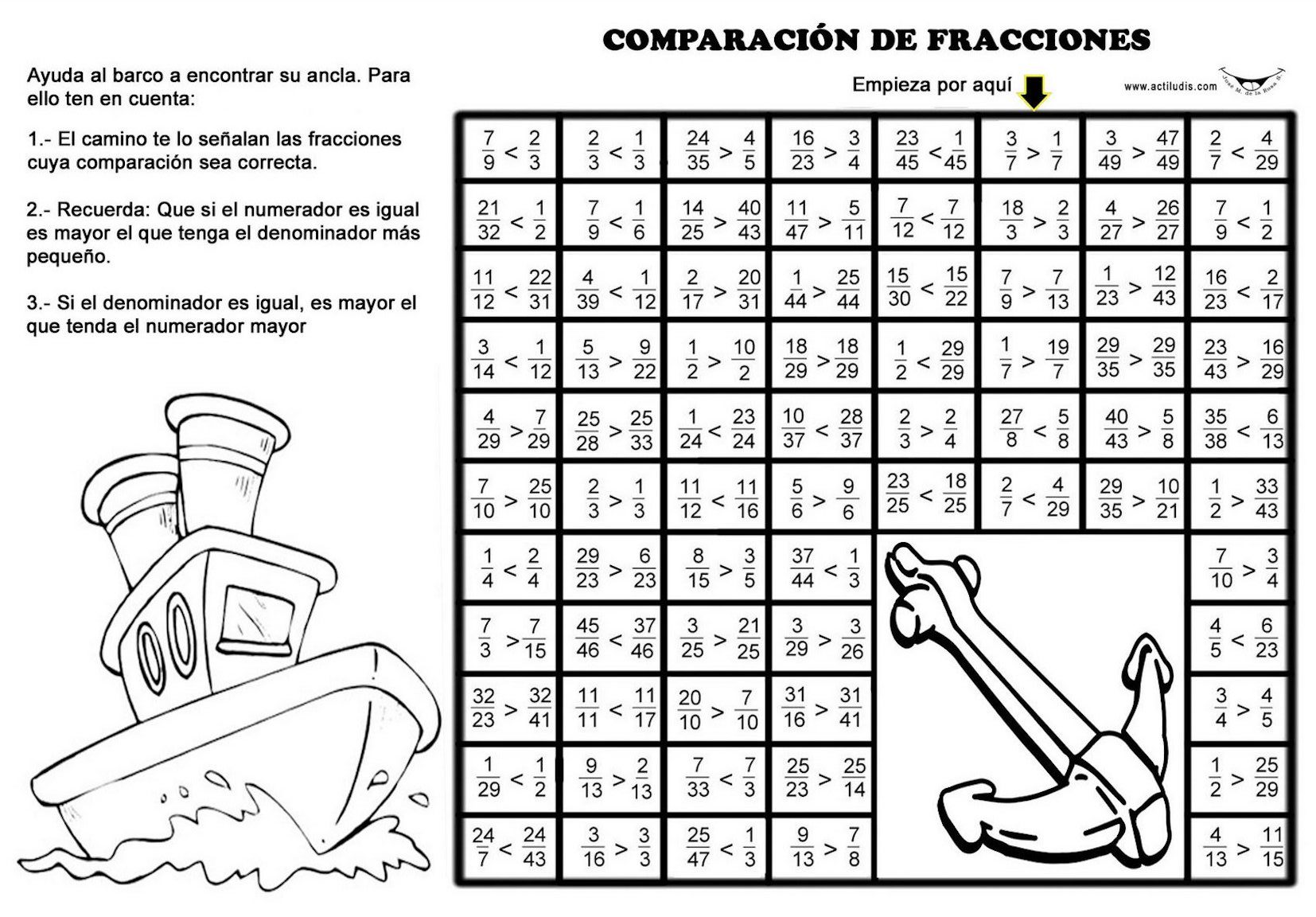 Comparación de fracciones en un laberínto - Actiludis