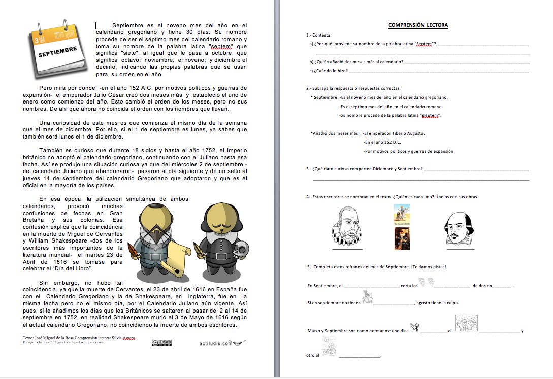Comprensión lectora con el mes de septiembre - Actiludis