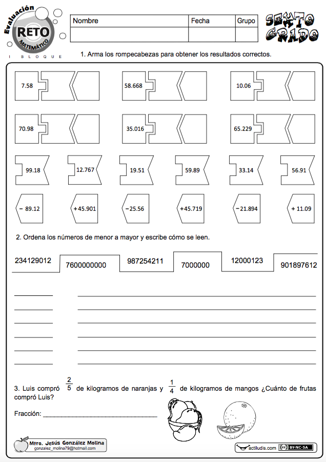 Exámenes de matemáticas para sexto grado - Actiludis