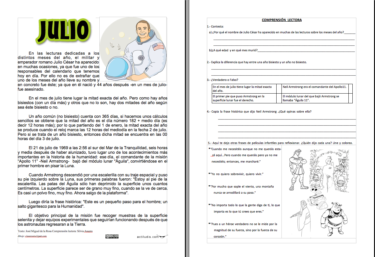 Comprensión lectora con el mes de julio - Actiludis