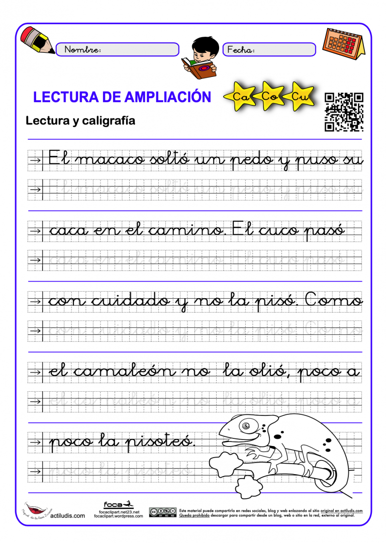 Lectura de ampliación con caligrafía sonido "Ca, Co, Cu" - Actiludis