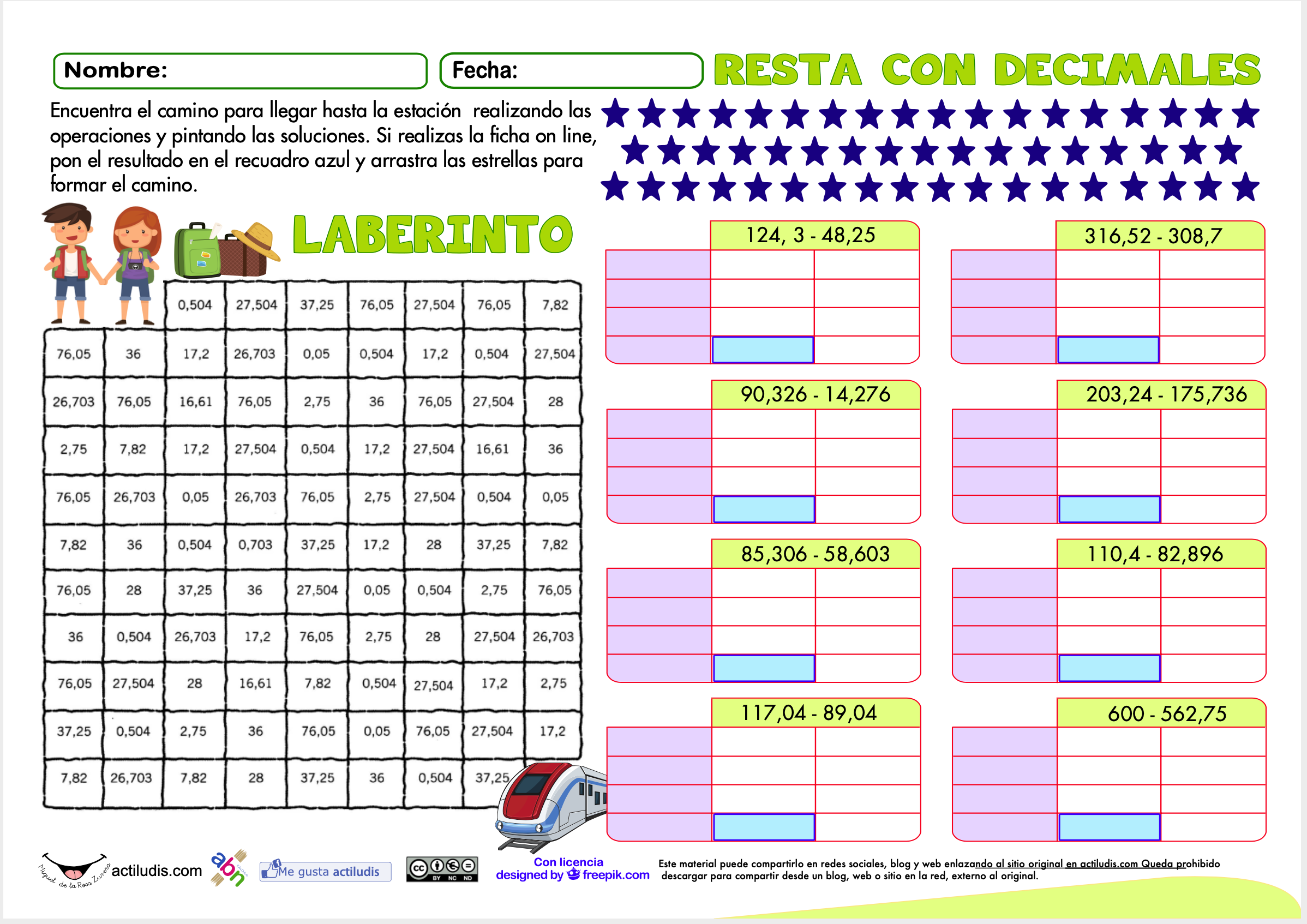 Operaciones de restar con decimales - Actiludis