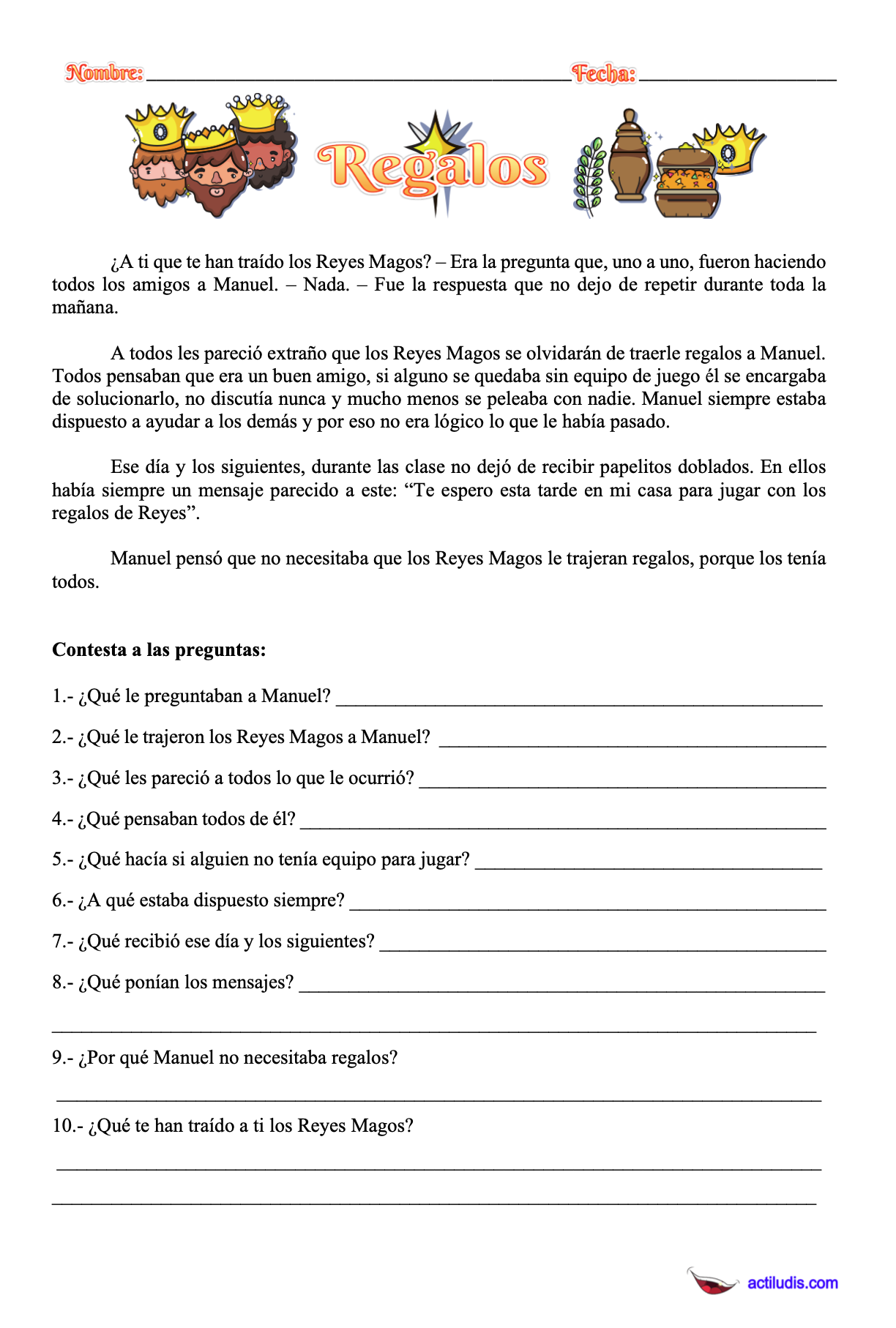 Prueba de velocidad y comprensión lectora: "Regalos" - Actiludis