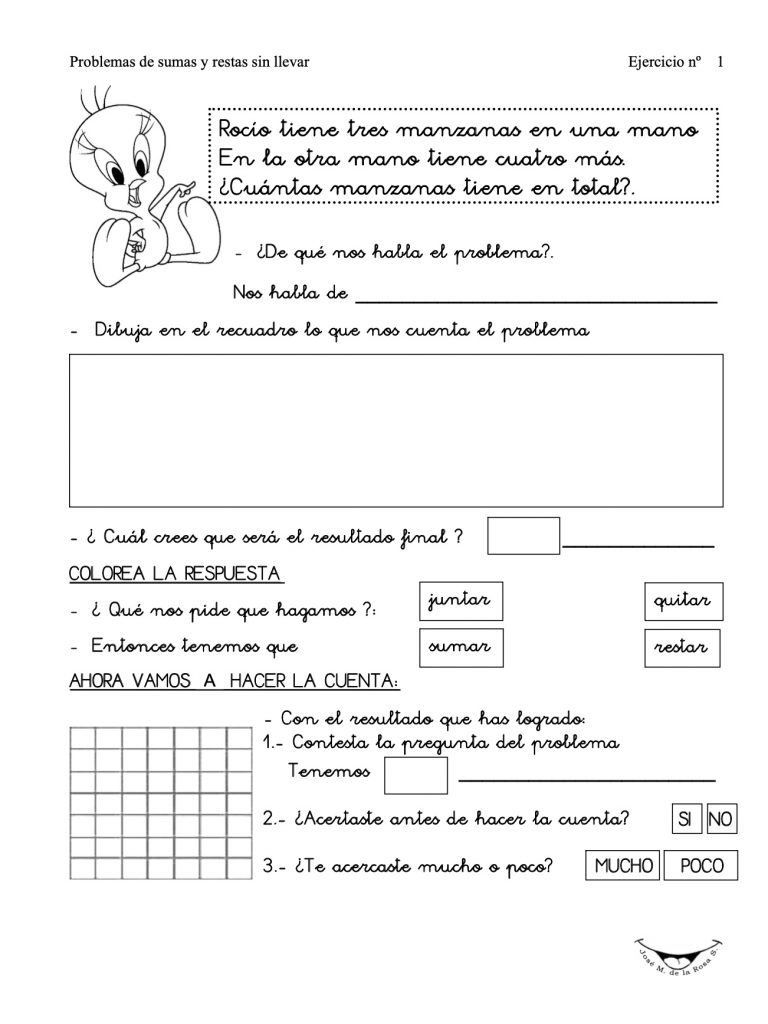 Problemas: Sumas y restas sin llevar - Actiludis