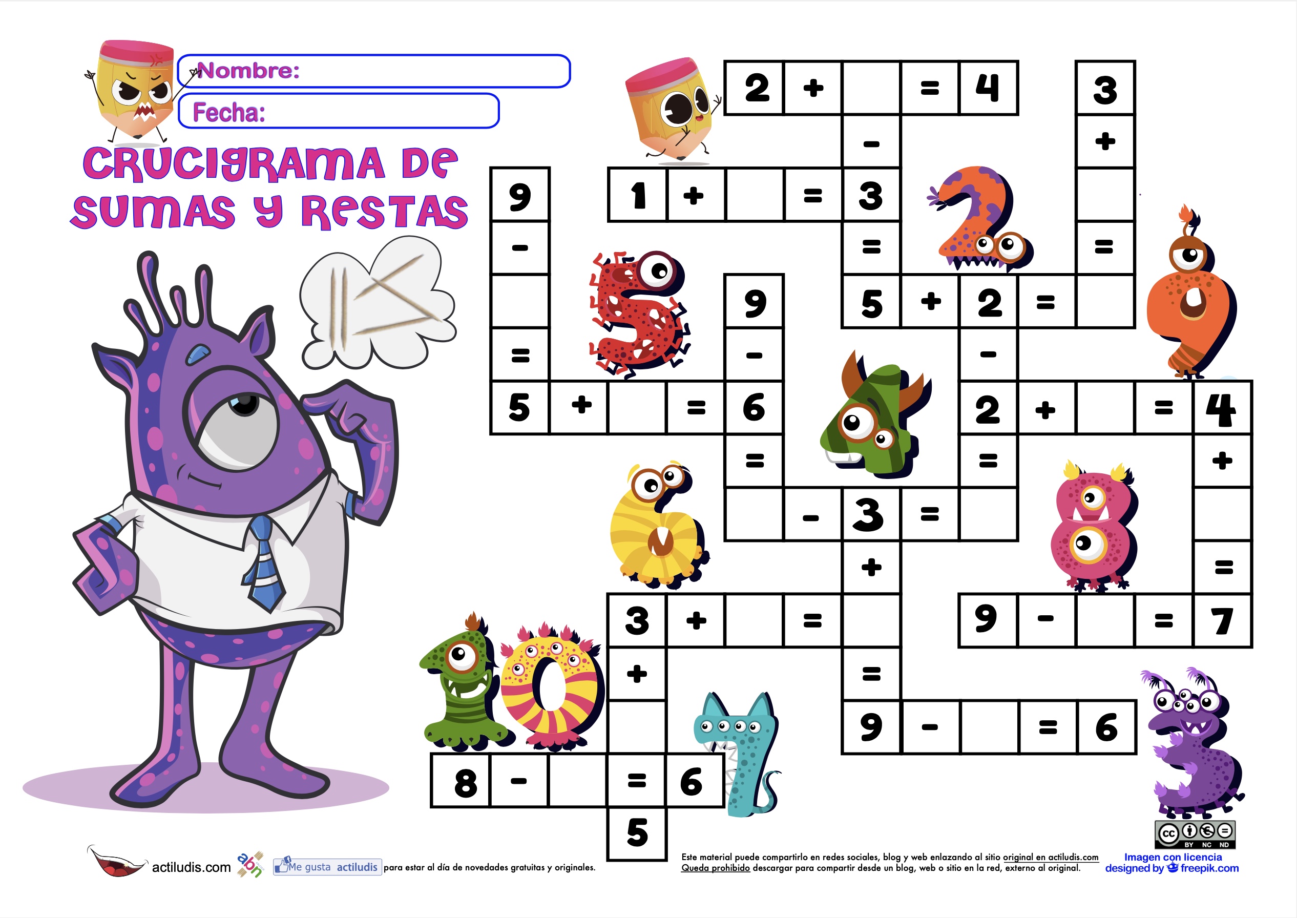 Sumas y restas de dos sumandos de una cifra. - Actiludis