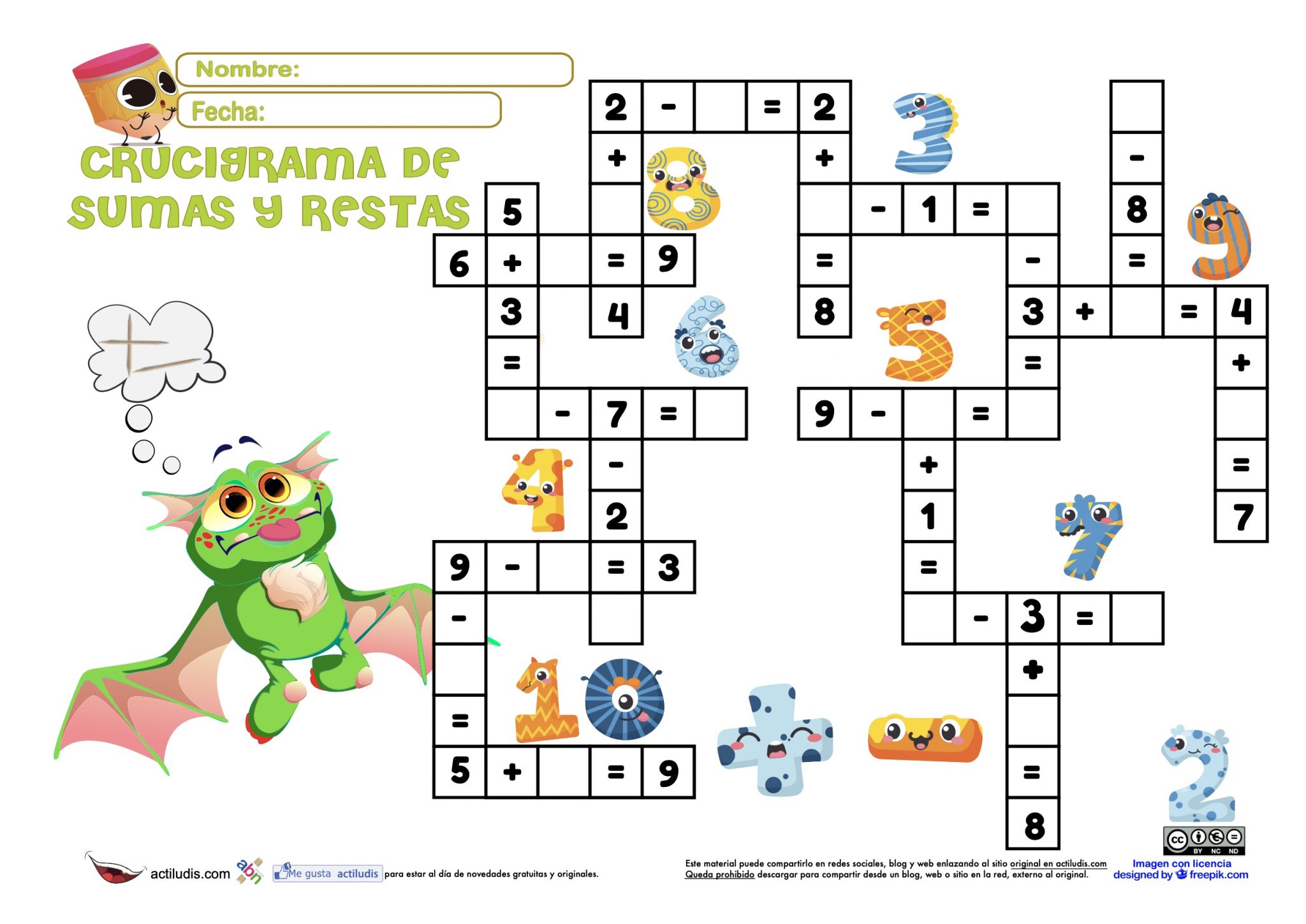 Sumas y restas de dos sumandos de una cifra. - Actiludis