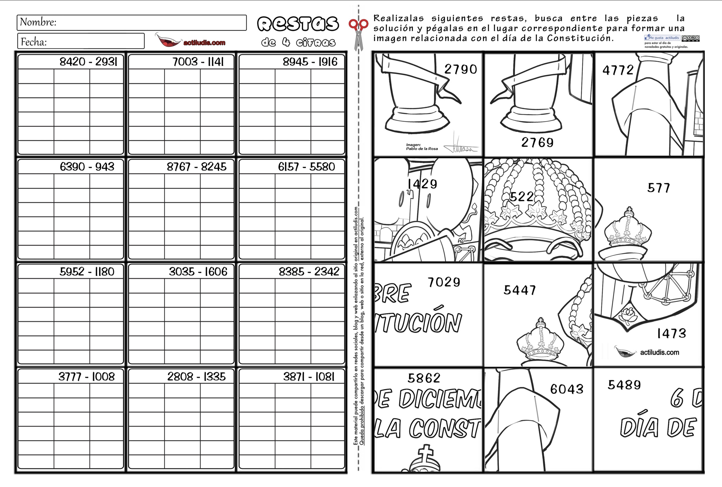 Restas de 4 cifras con puzle para el día de la Constitución - Actiludis