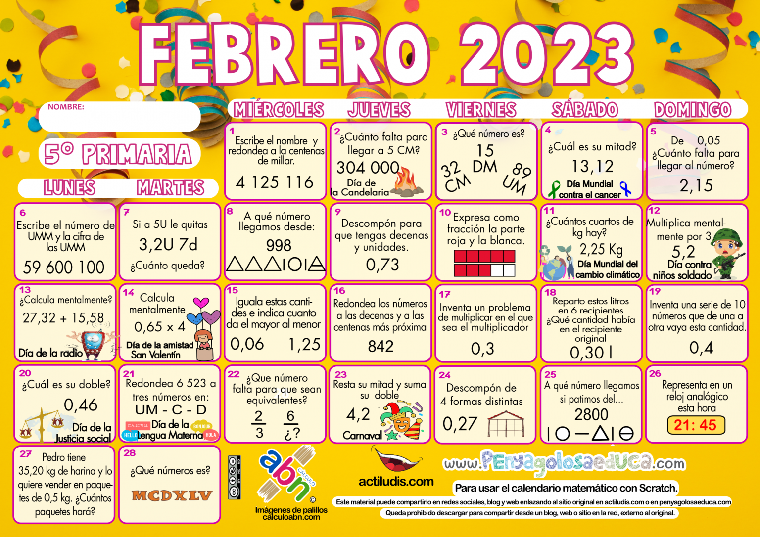 Calendario matemático para el Tercer Ciclo de Primaria. FEBRERO 2023 - Actiludis