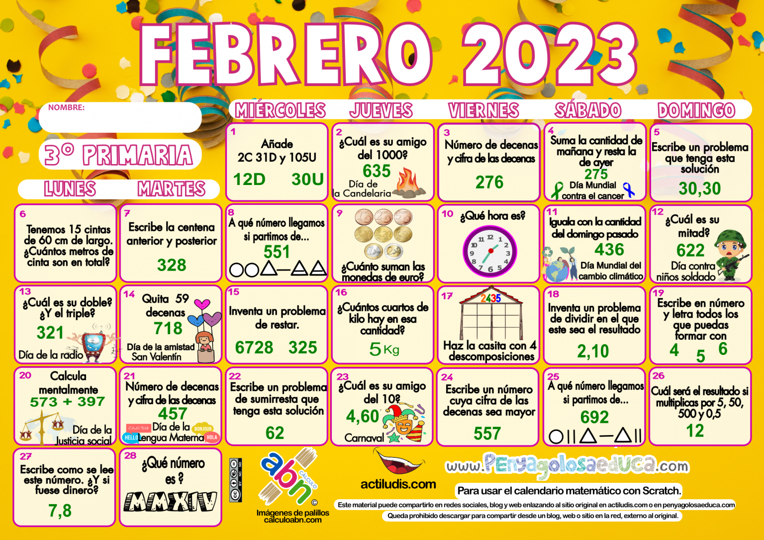 Calendario matemático para el Segundo Ciclo de Primaria. FEBRERO 2023 ...