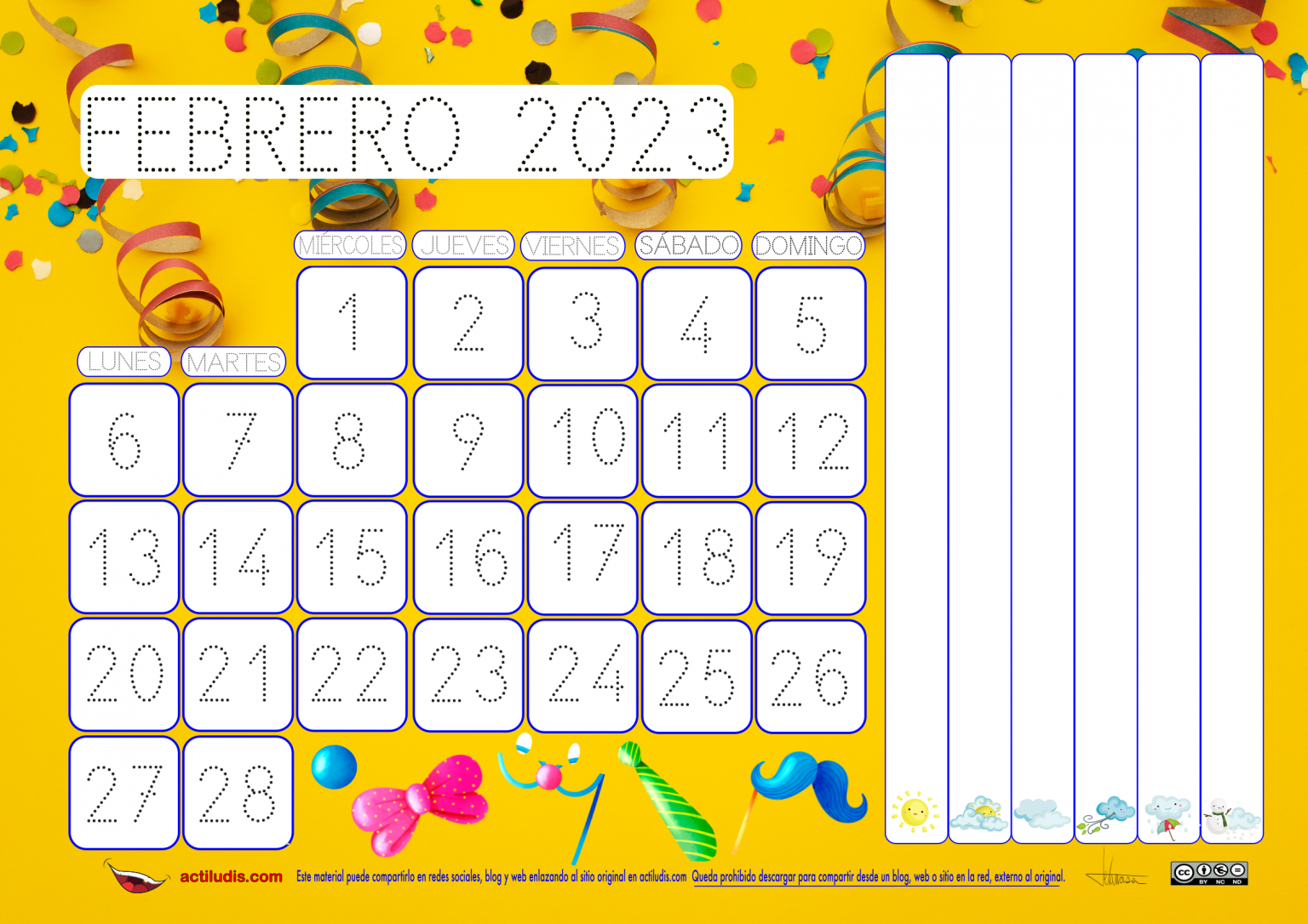 Calendario punteado de FEBRERO 2023 para escritura numérica - Actiludis