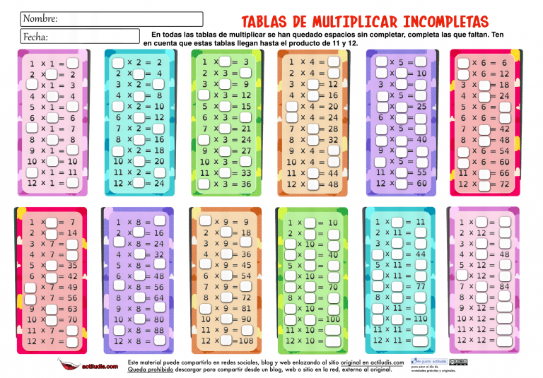Tablas de multiplicar incompletas (Hasta el 12) - Actiludis