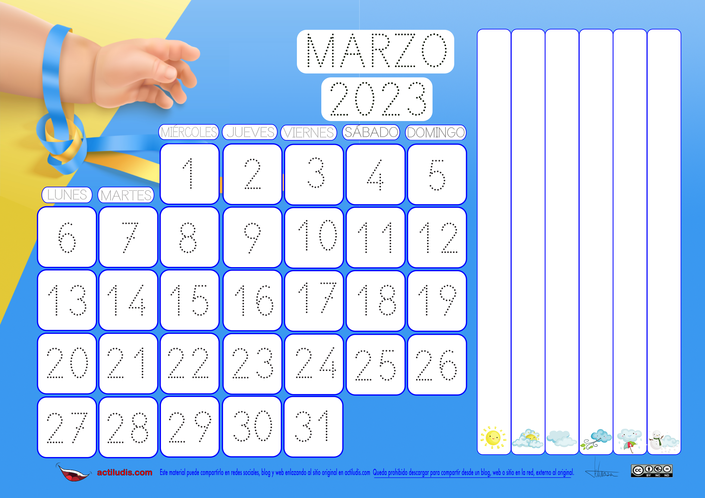 Calendario punteado de MARZO 2023 para escritura numérica - Actiludis