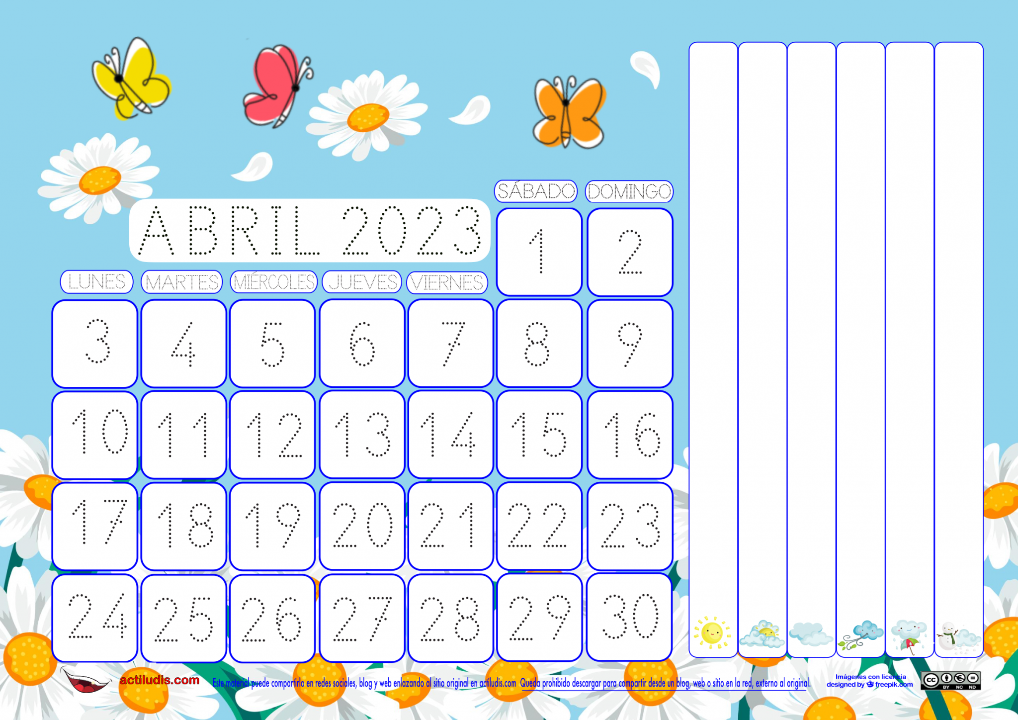 Calendario punteado de ABRIL 2023 para escritura numérica - Actiludis
