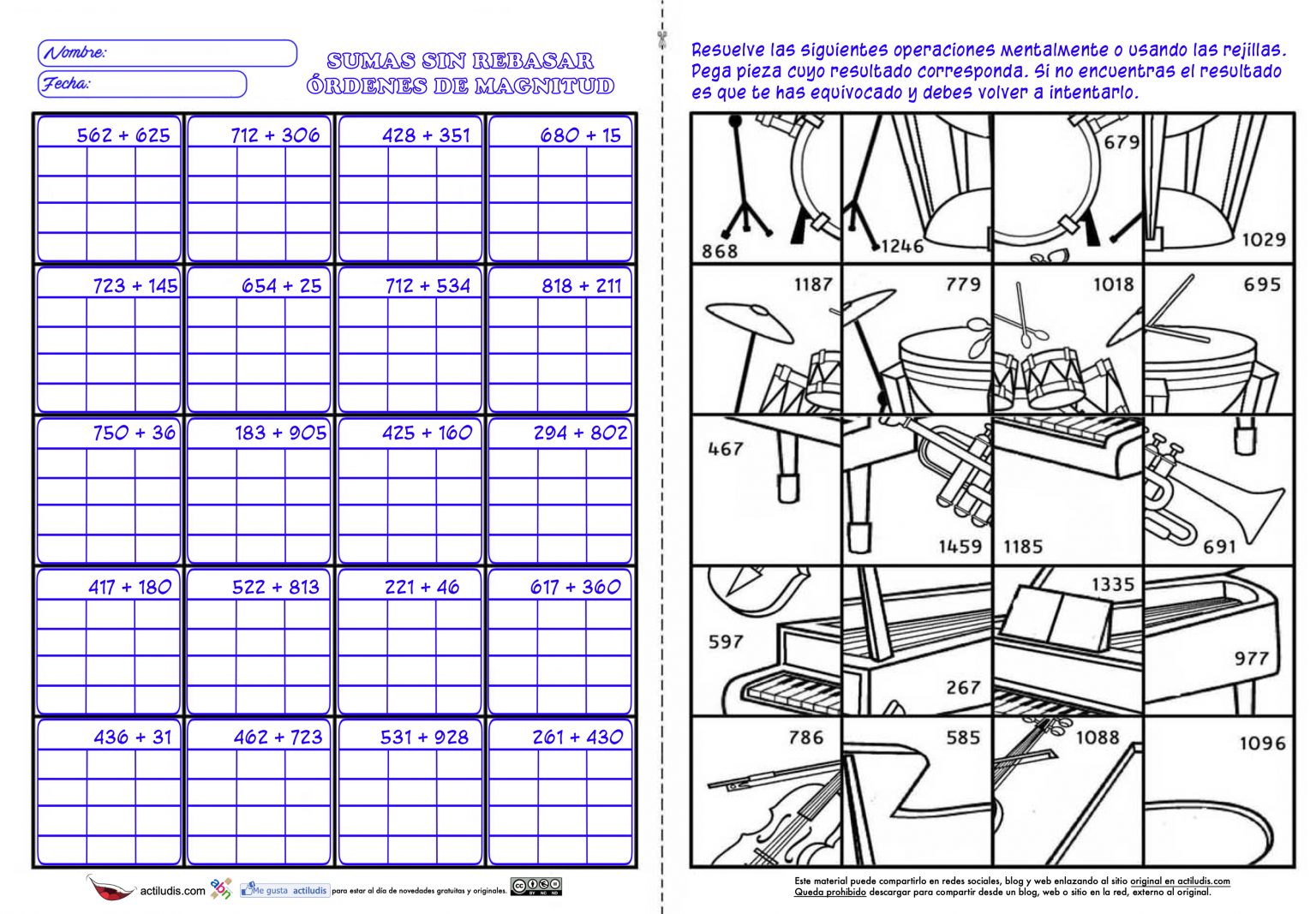 Sumas de 2 sumandos de hasta 3 dígitos (Sin llevar) - Actiludis