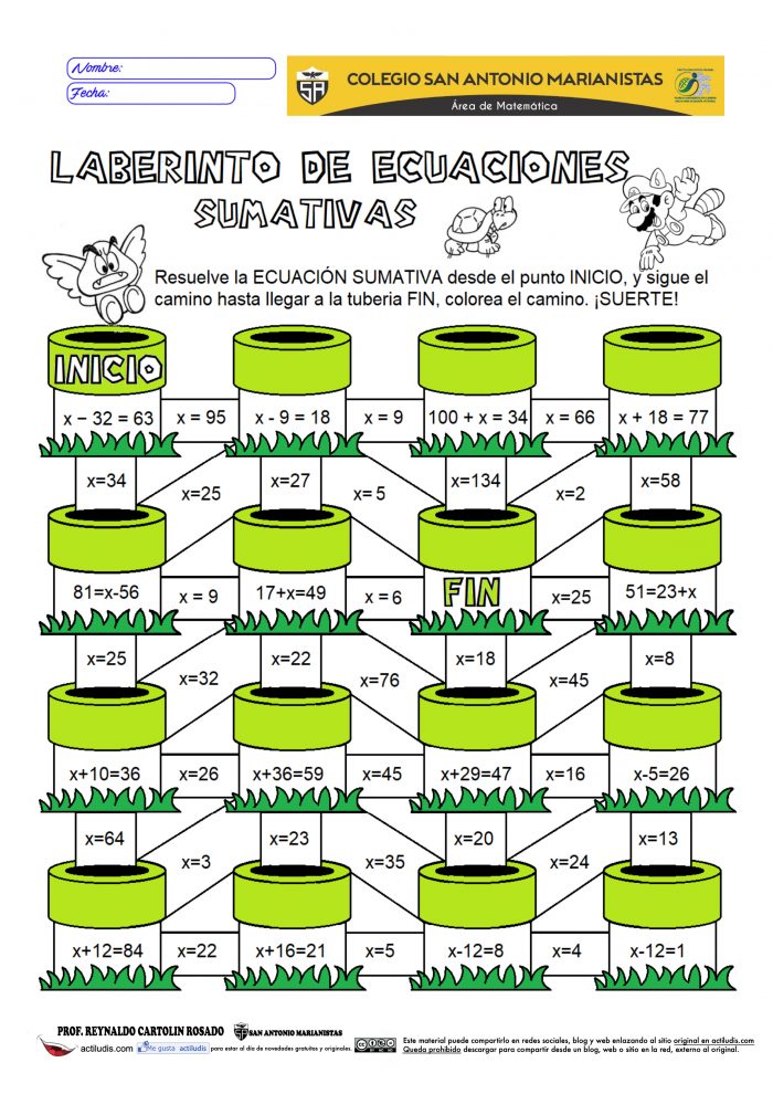 Laberinto de ecuaciones sumativas - Actiludis