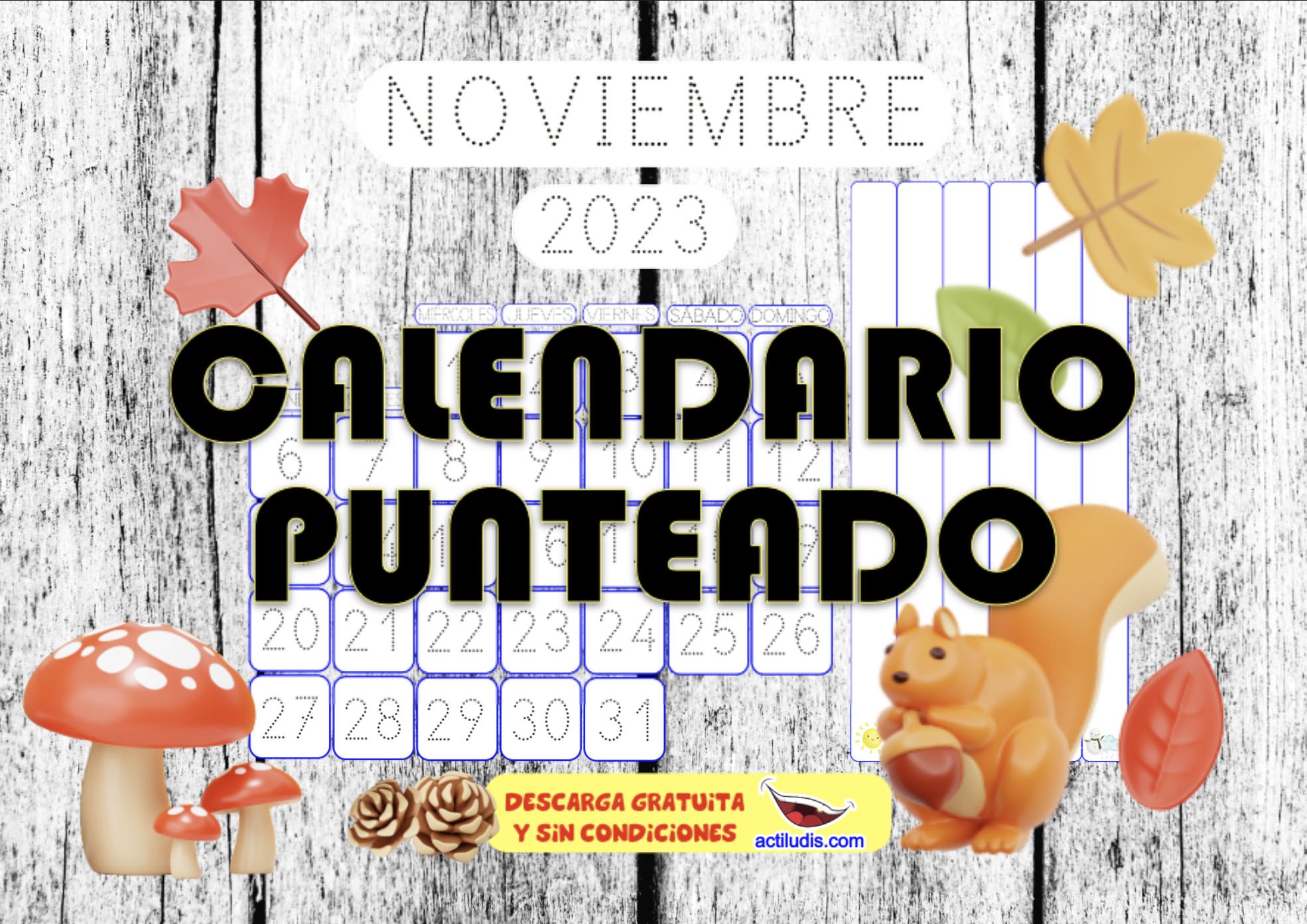 Calendario punteado de NOVIEMBRE 2023 para escritura numérica - Actiludis