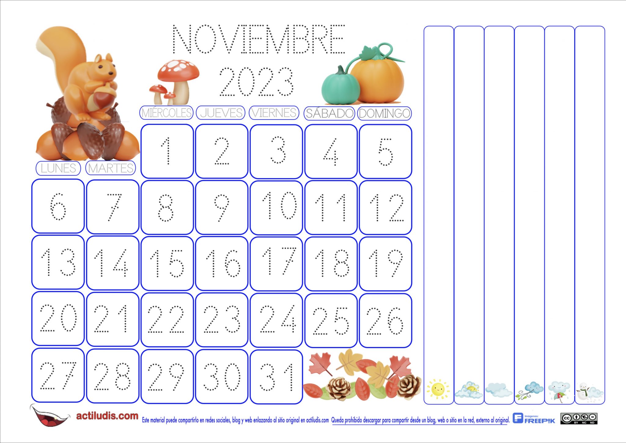Calendario punteado de NOVIEMBRE 2023 para escritura numérica - Actiludis