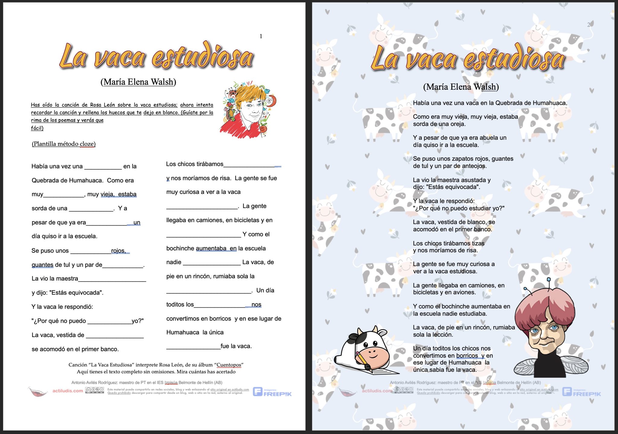 Lectura con comprensión: "La vaca estudiosa" - Actiludis