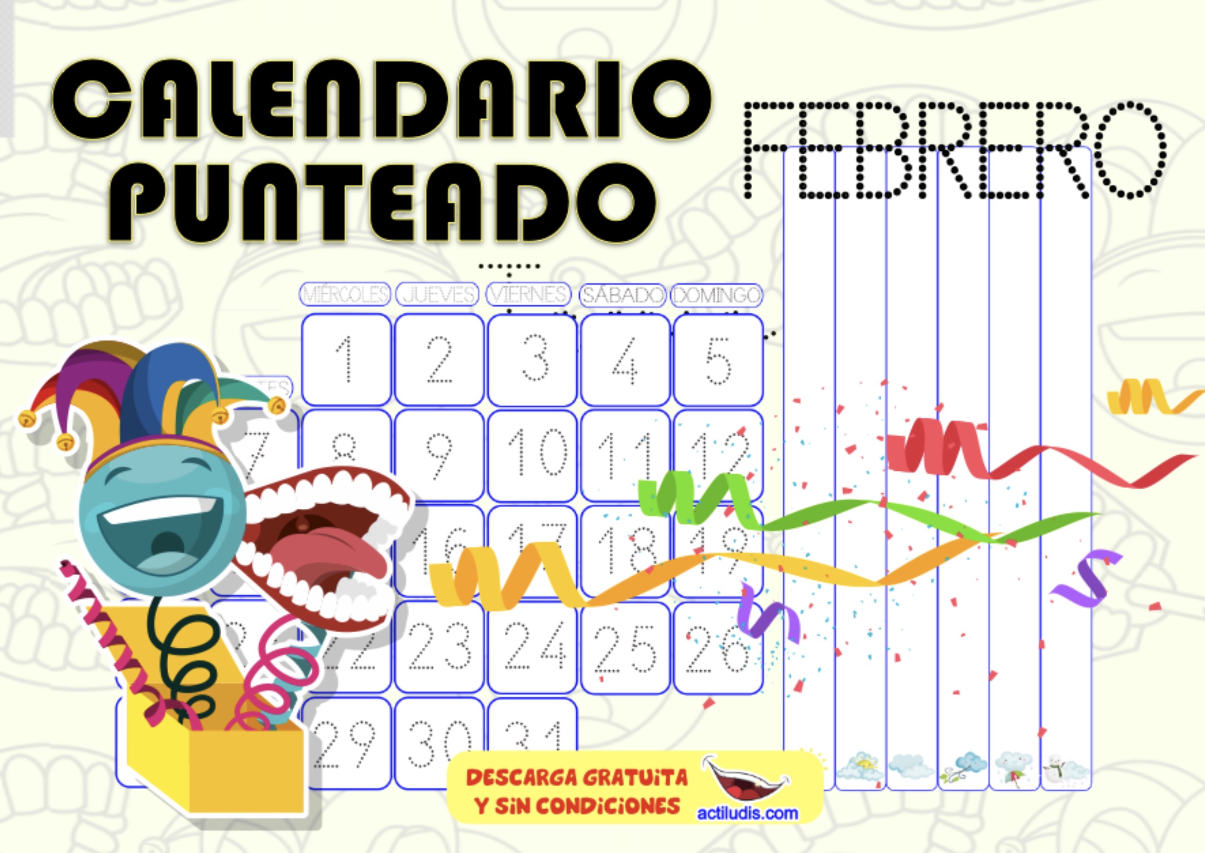 Calendario punteado de FEBRERO 2024 para escritura numérica - Actiludis