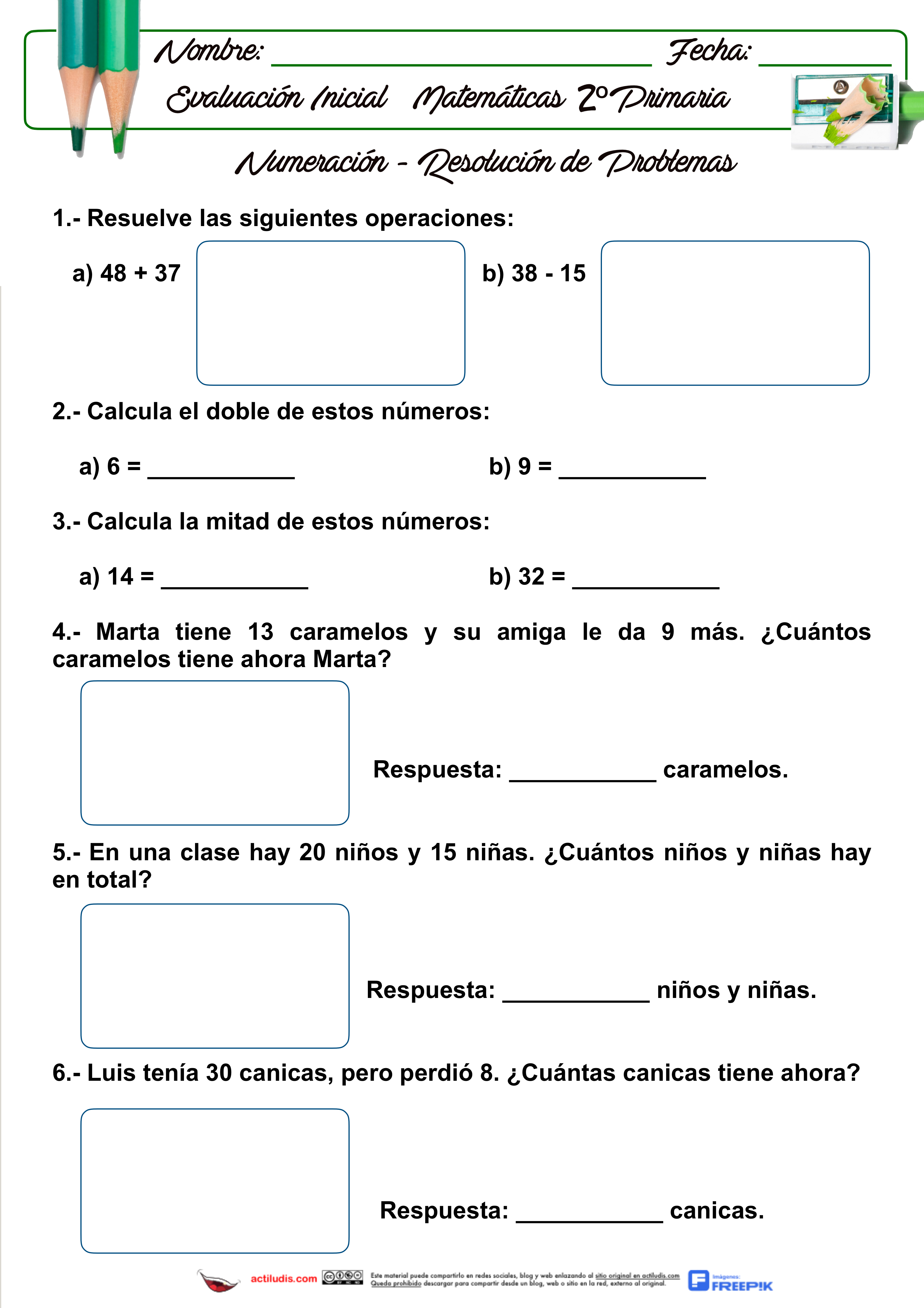 Evaluación Inicial de matemáticas en 2º de Primaria - Actiludis