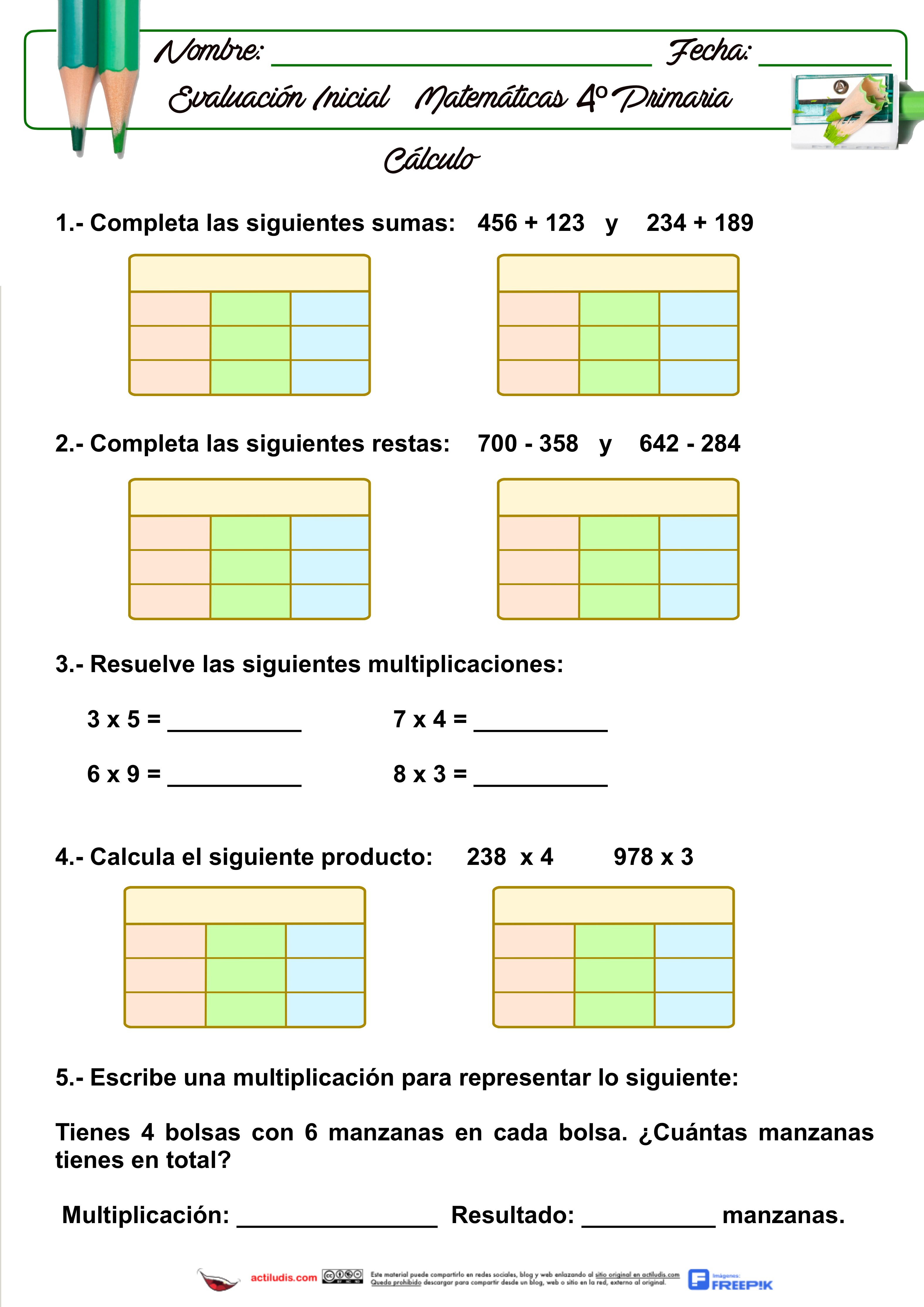 Evaluación Inicial de matemáticas en 4º de Primaria - Actiludis