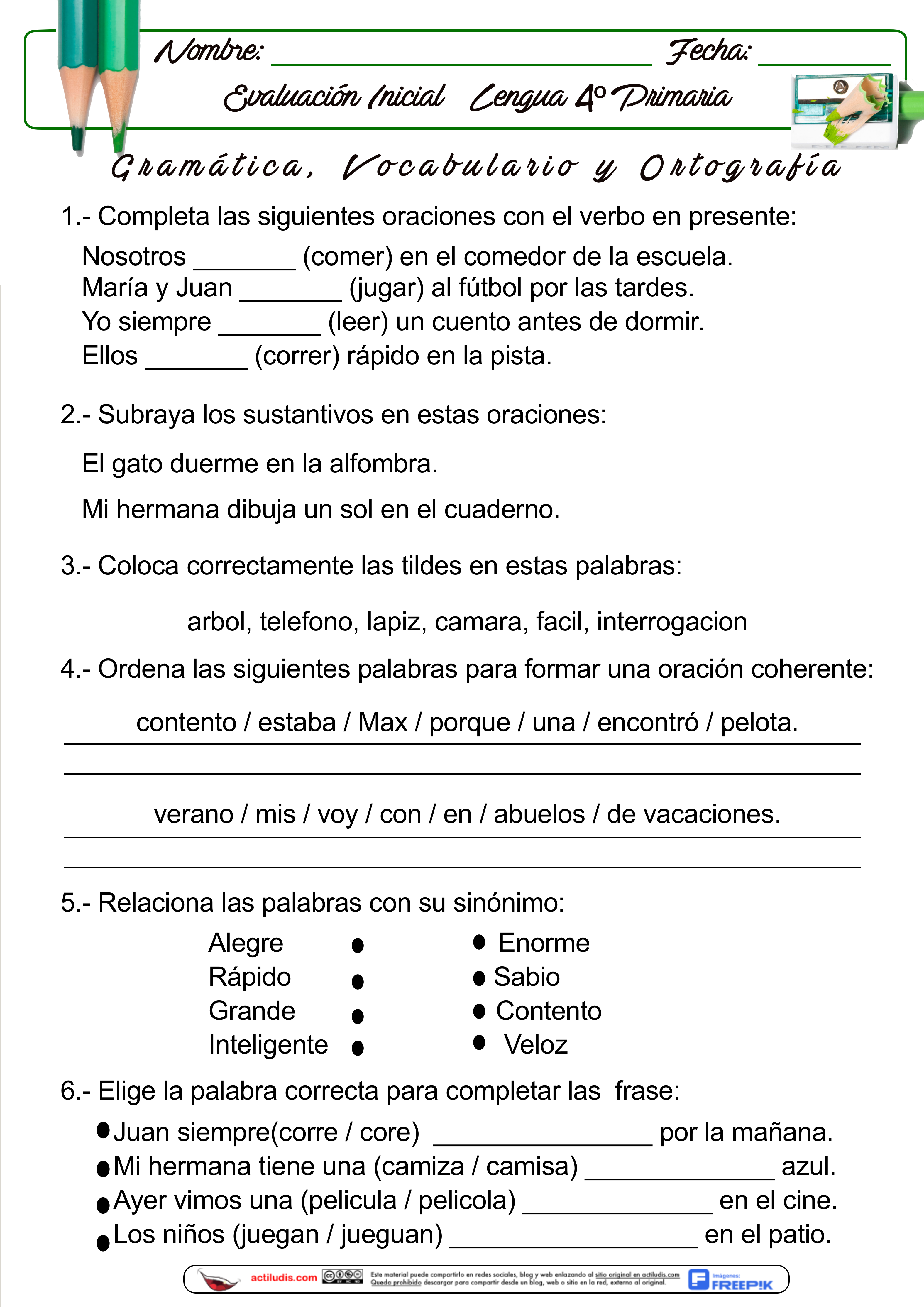Evaluación Inicial de lenguaje en 4º de Primaria - Actiludis
