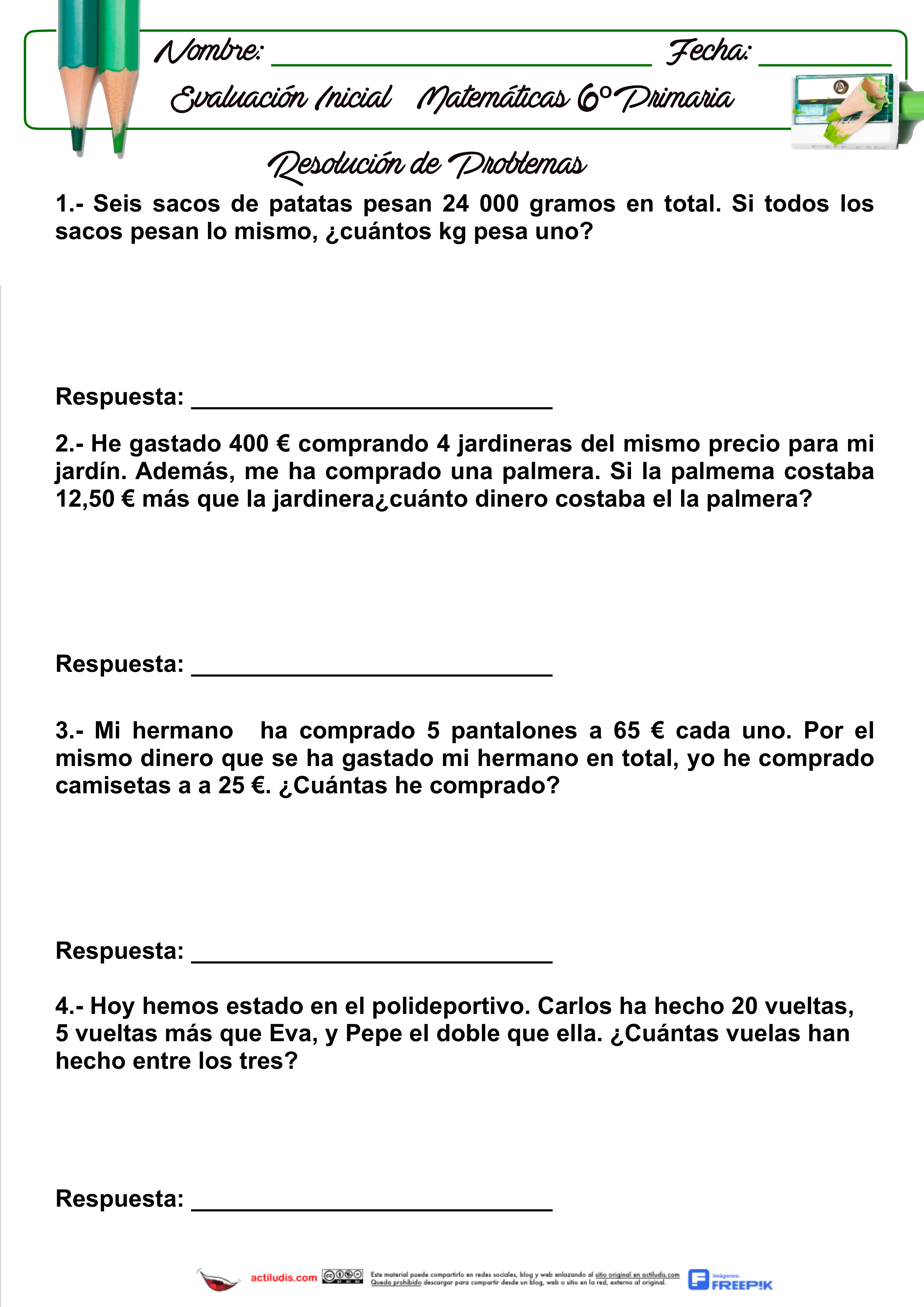 Evaluación Inicial de matemáticas en 6º de Primaria - Actiludis