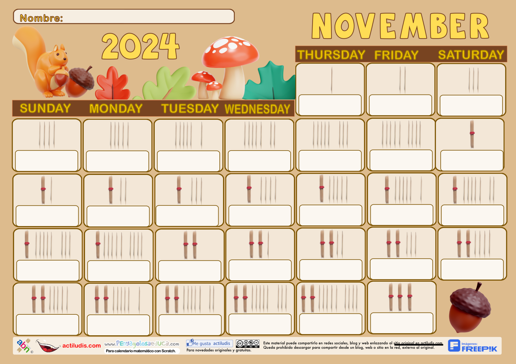 Calendario matemático de palillos para NOVIEMBRE de 2024 - Actiludis