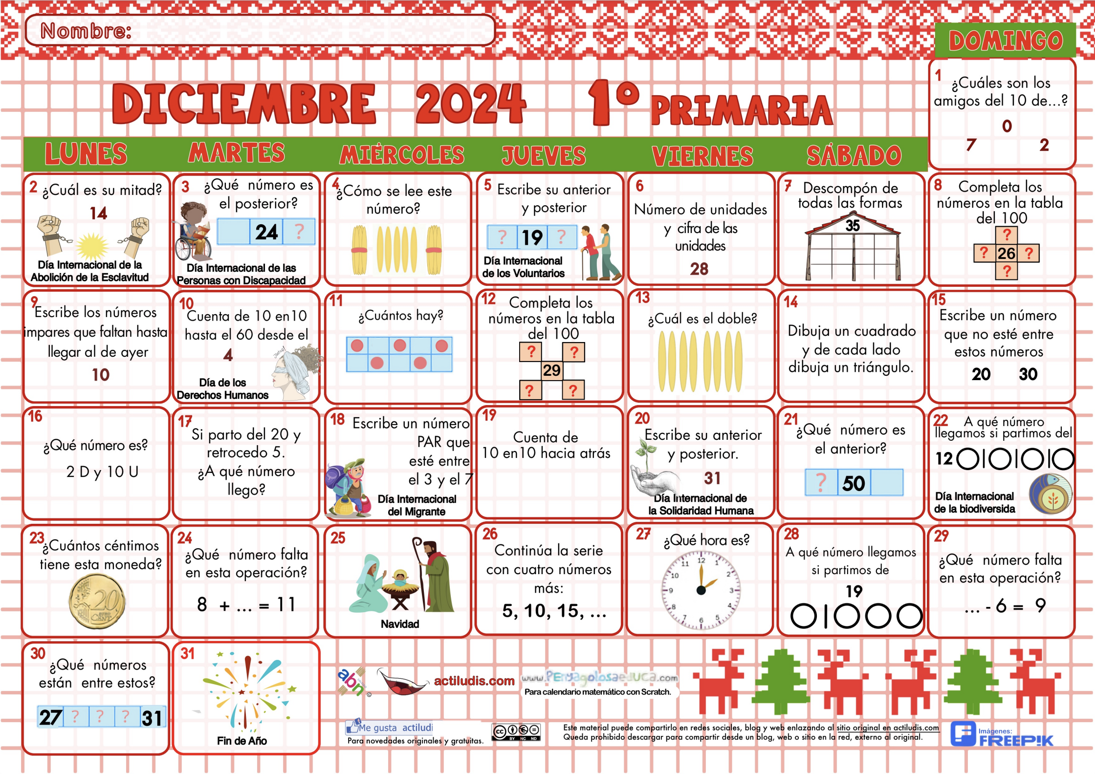 Calendario matemático para el PRIMER CICLO de Primaria. DICIEMBRE 2024 ...