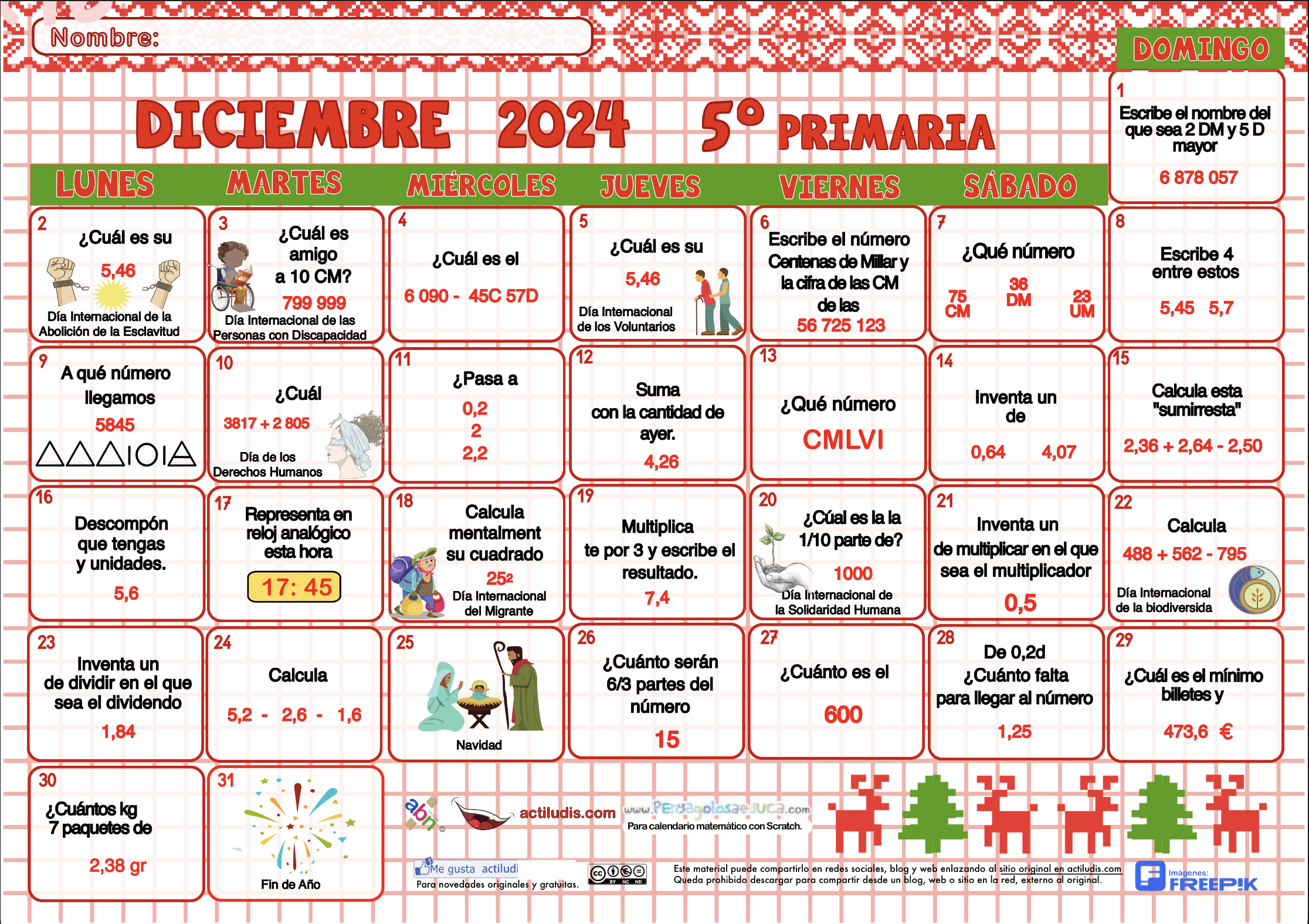 Calendario matemático para el TERCER CICLO de Primaria. DICIEMBRE 2024 ...