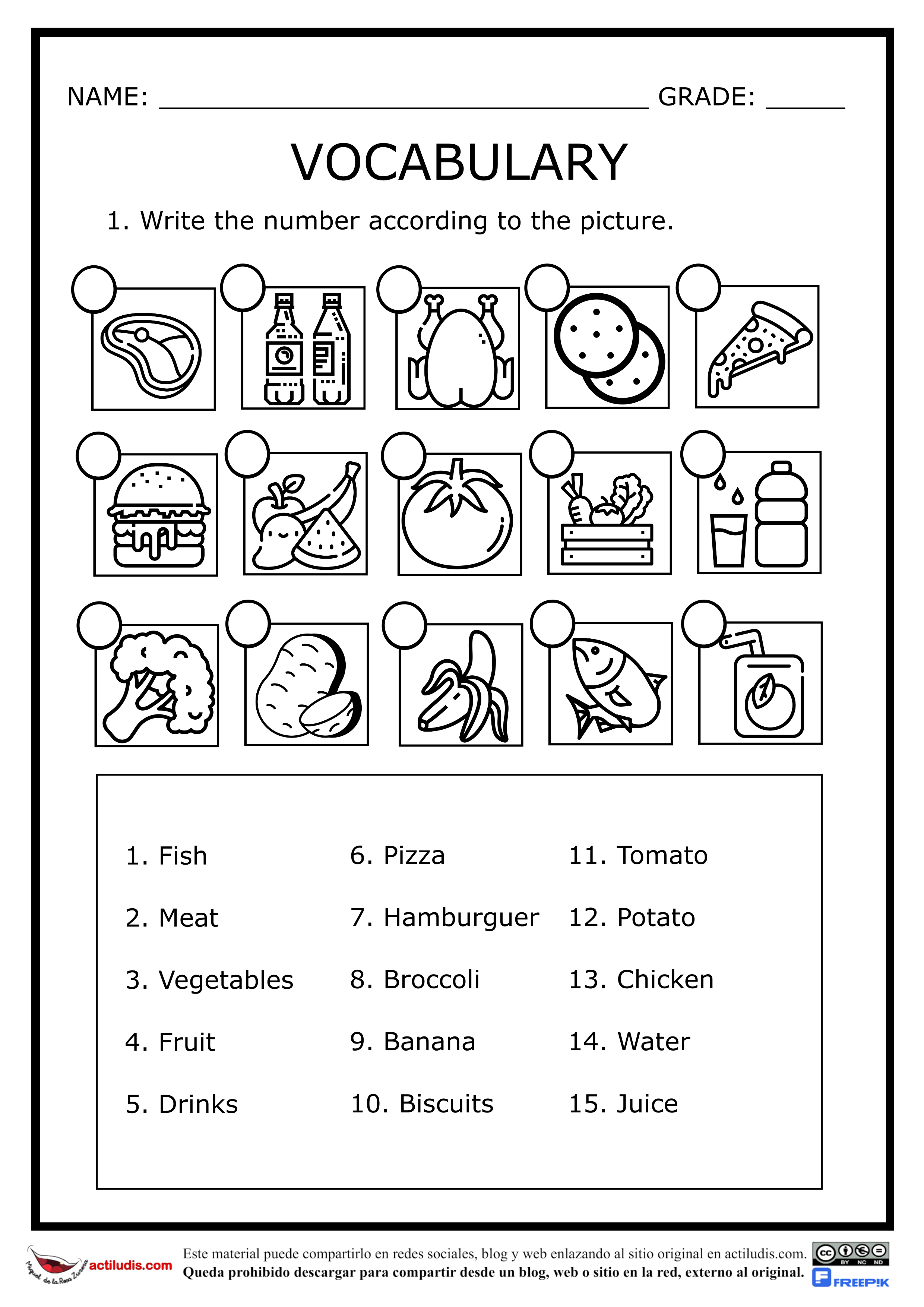 Actividad de Vocabulario: Alimentos en Inglés I - Actiludis