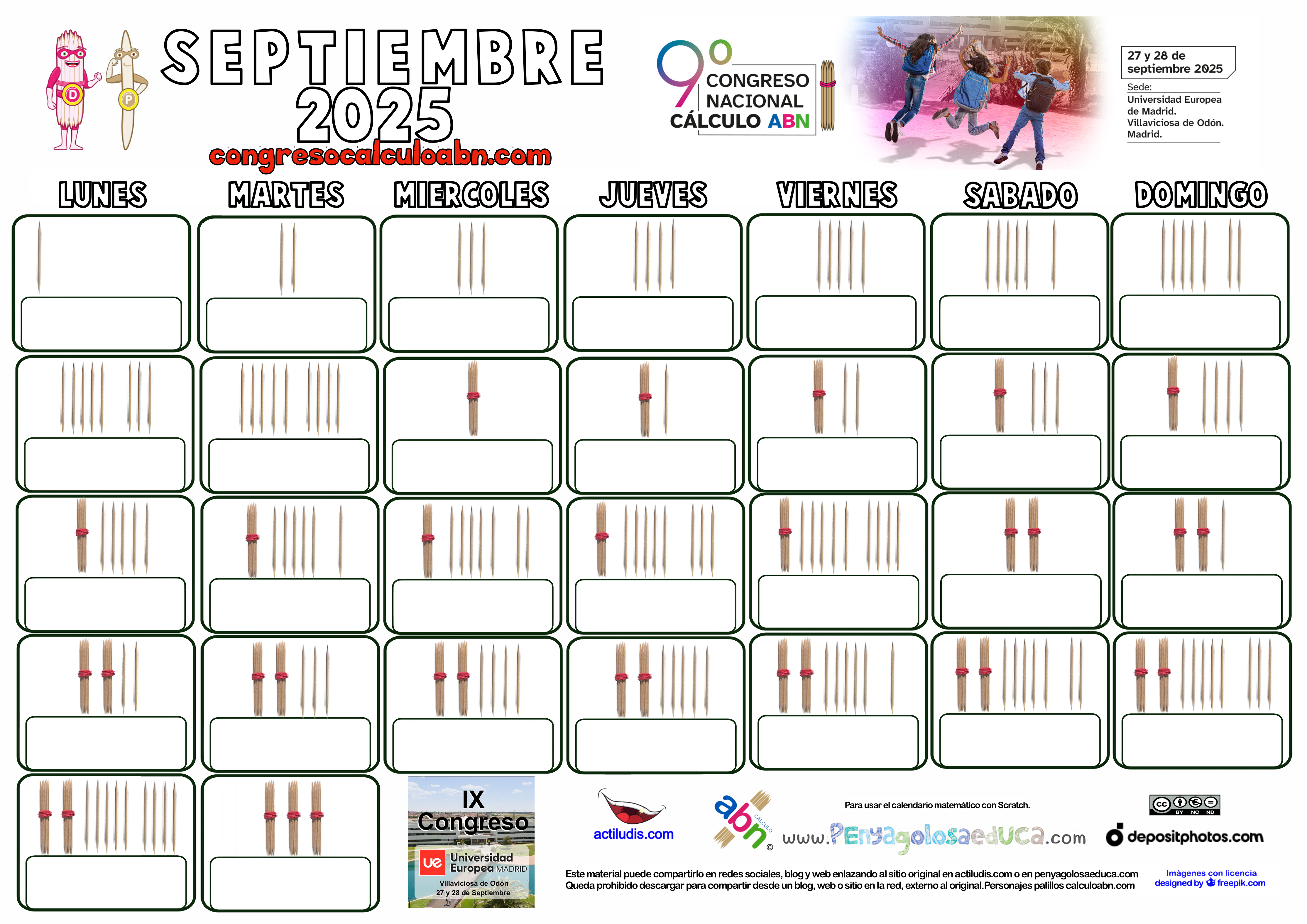 Calendario matemático de palillos para SEPTIEMBRE de 2025 - Actiludis