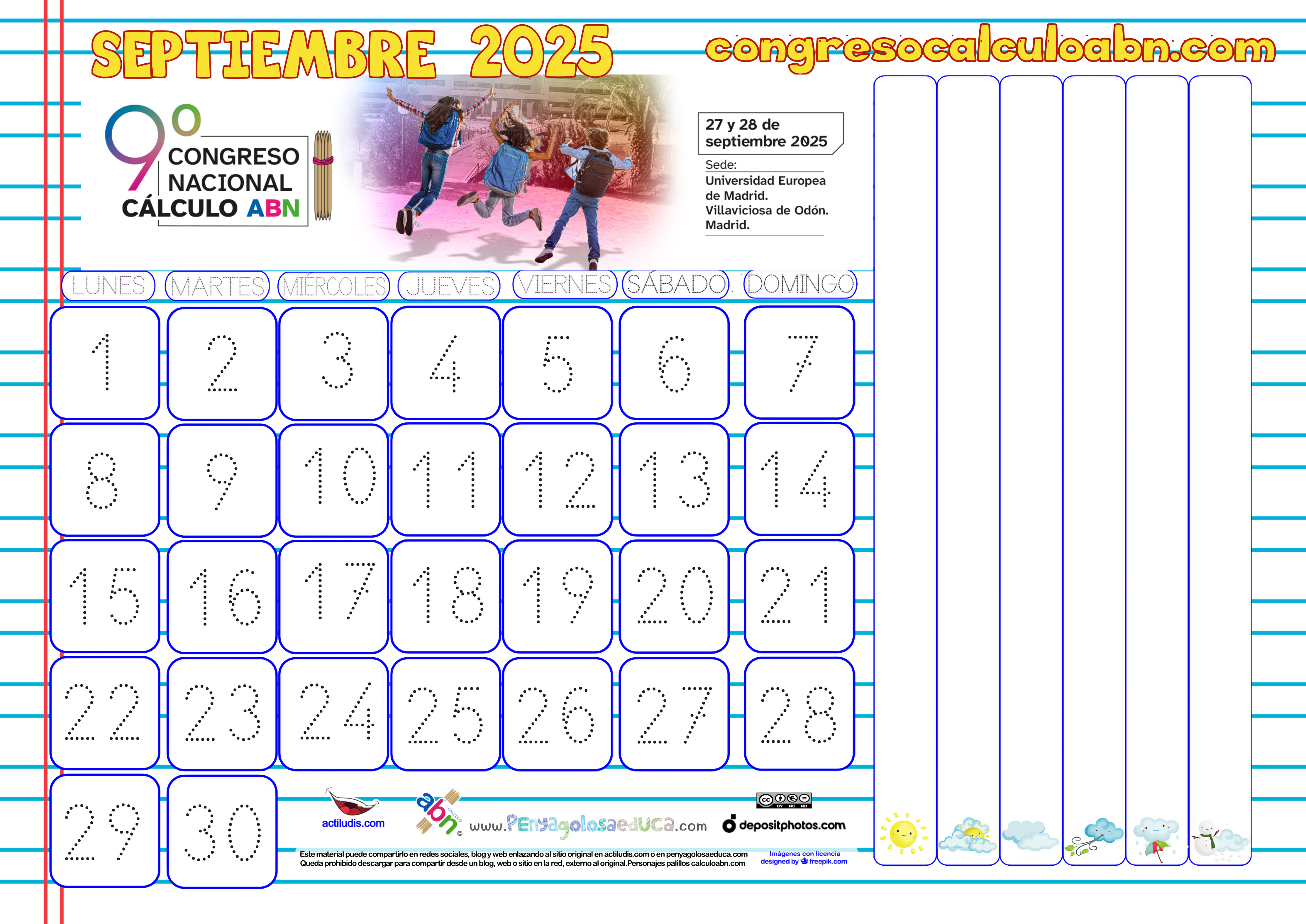 Calendario punteado de SEPTIEMBRE de 2025 para escritura numérica ...
