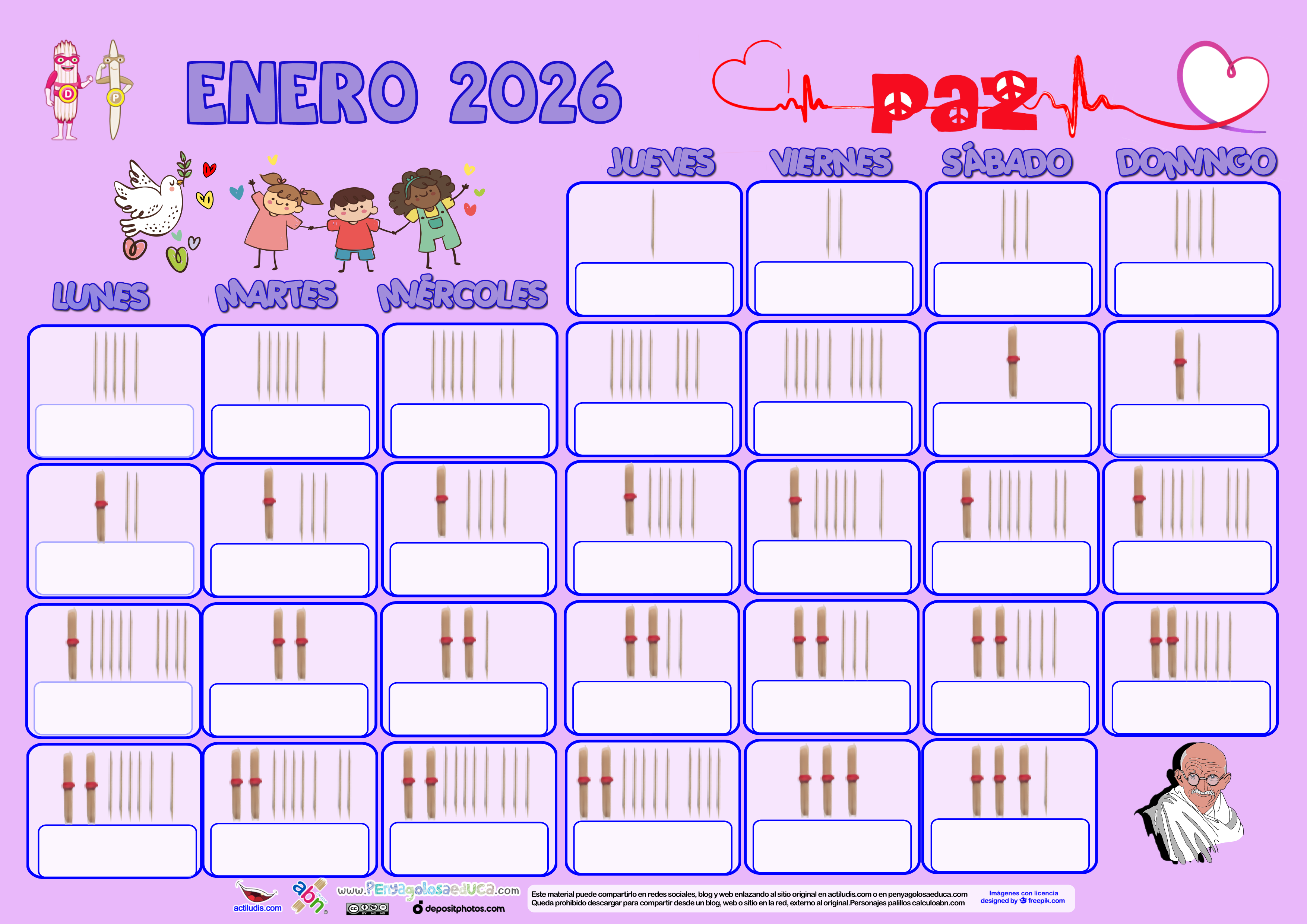 Calendario matemático de palillos para ENERO de 2026 - Actiludis