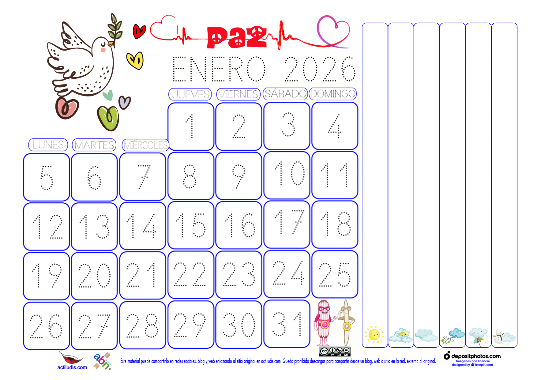 Calendario punteado de ENERO 2026 para escritura numérica - Actiludis