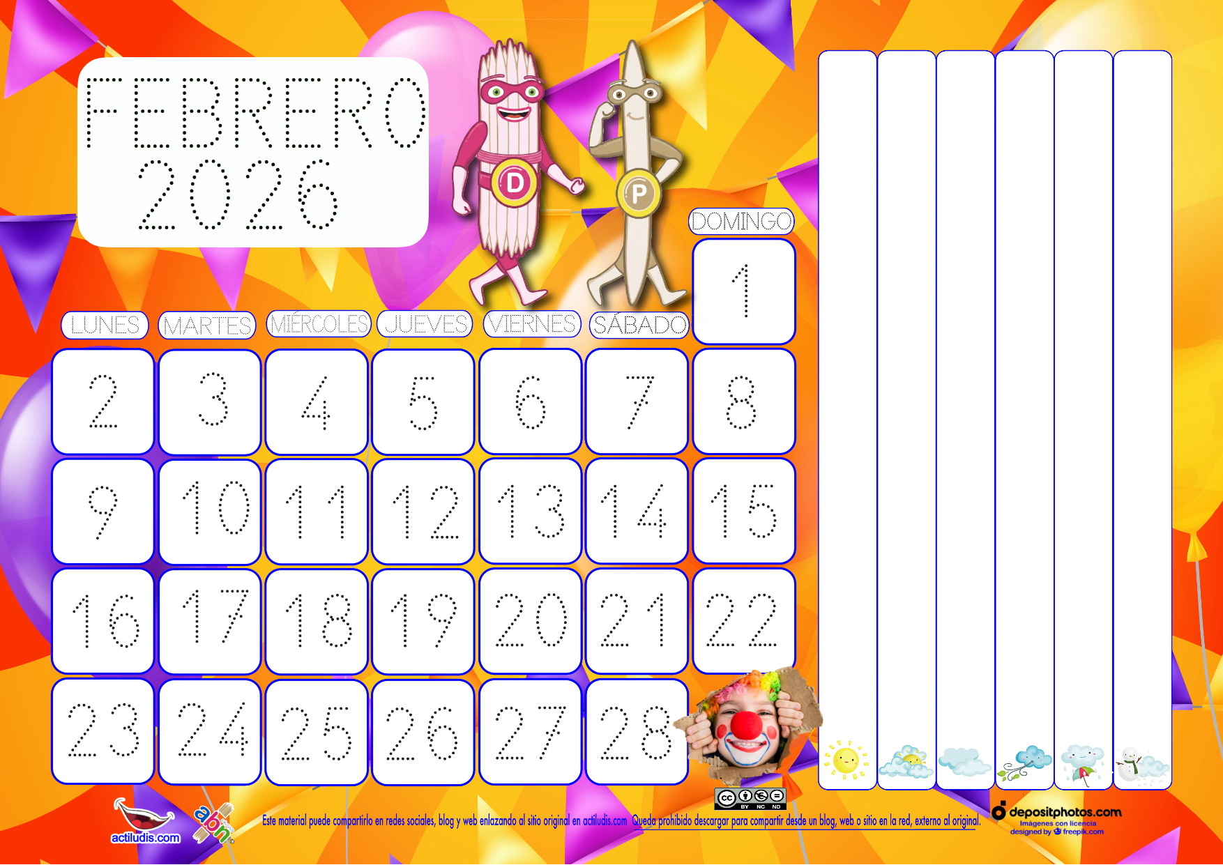 Calendario punteado de FEBRERO 2026 para escritura numérica - Actiludis
